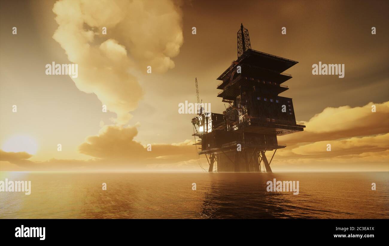 Offshore Jack Up Rig in The Middle of The Sea at Sunset Time Stock ...