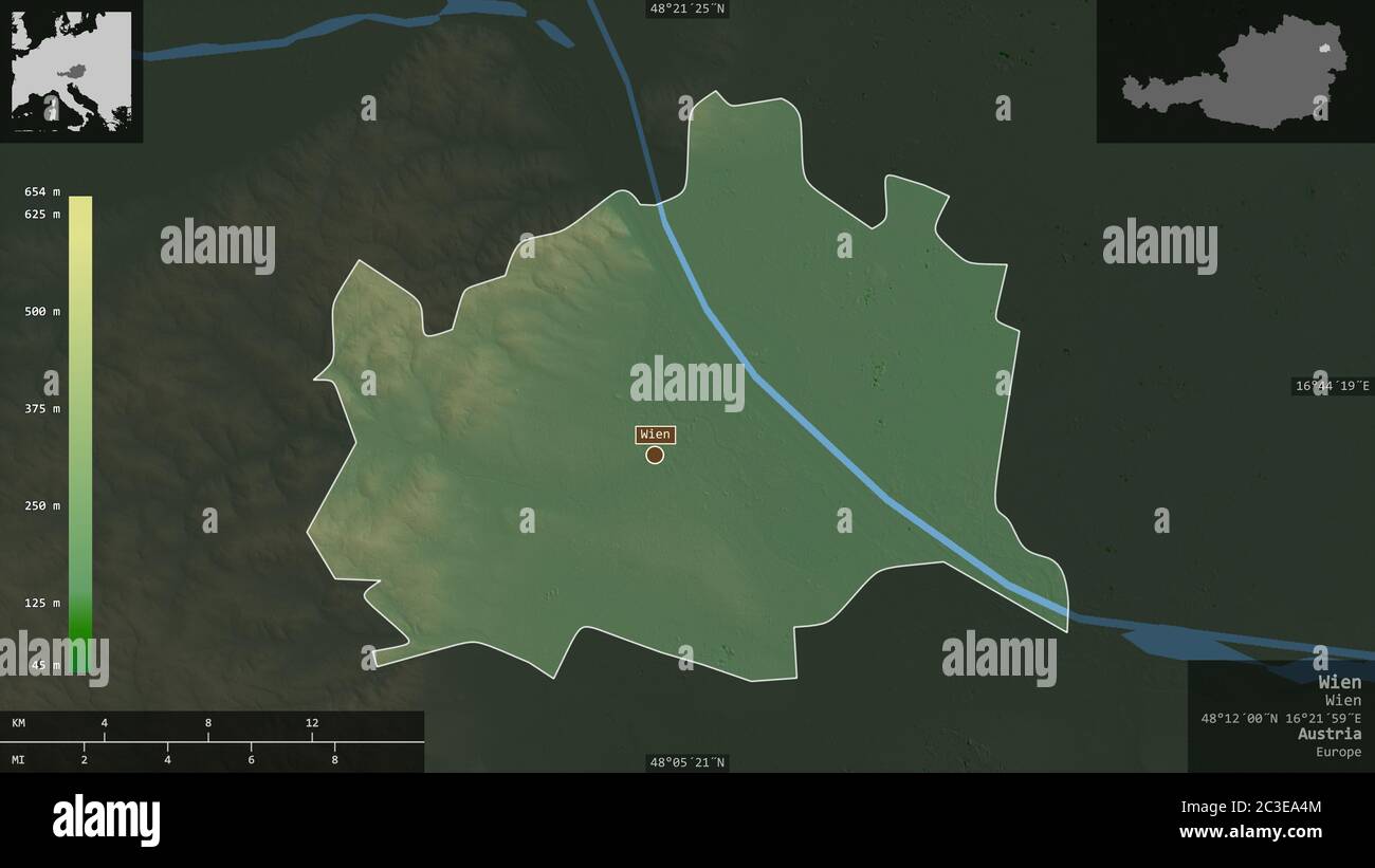 Wien, state of Austria. Colored shader data with lakes and rivers ...