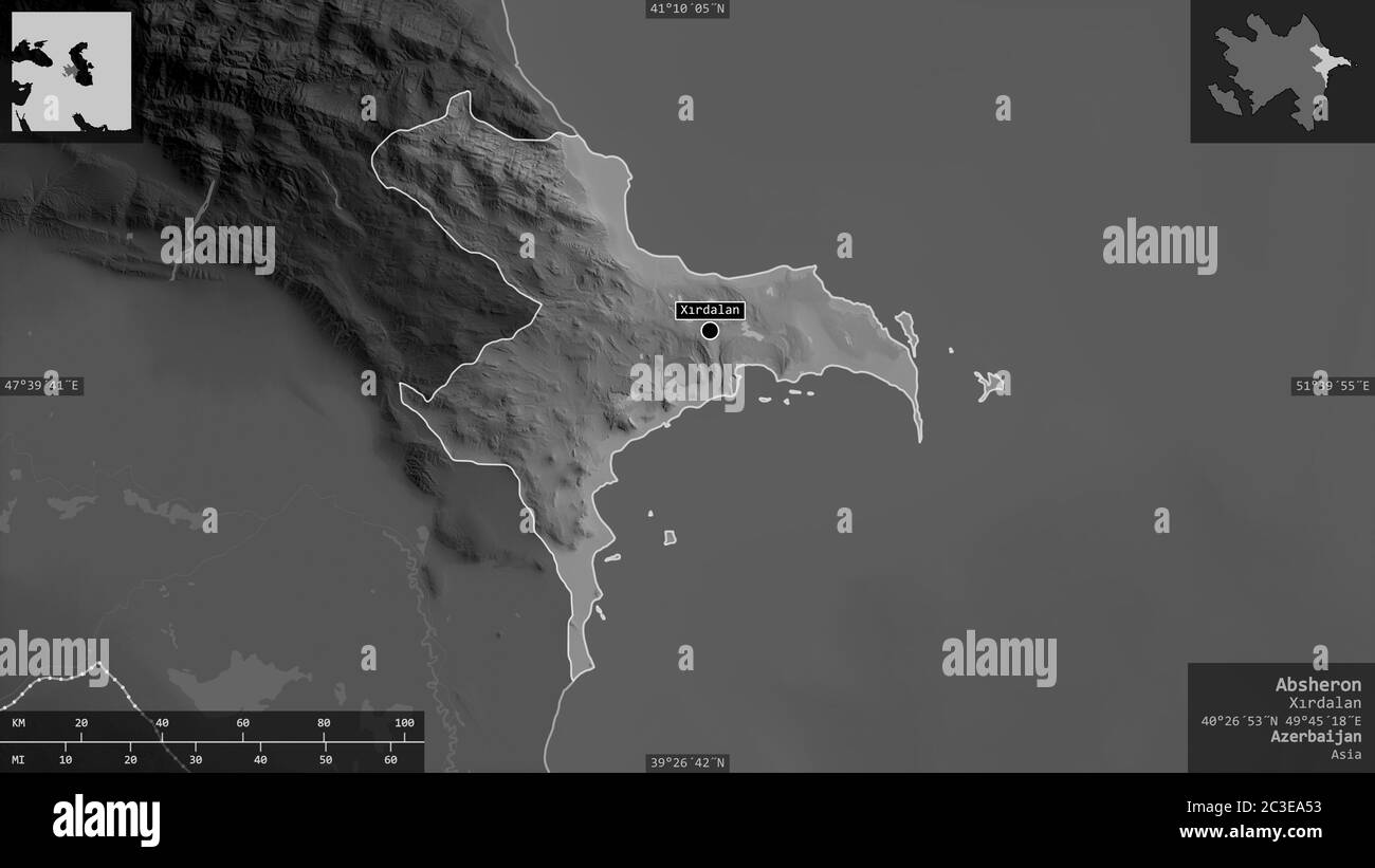 Absheron, region of Azerbaijan. Grayscaled map with lakes and rivers ...