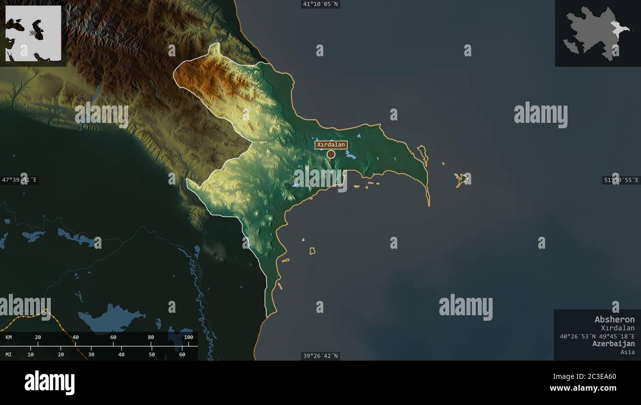 Absheron, region of Azerbaijan. Colored relief with lakes and rivers ...