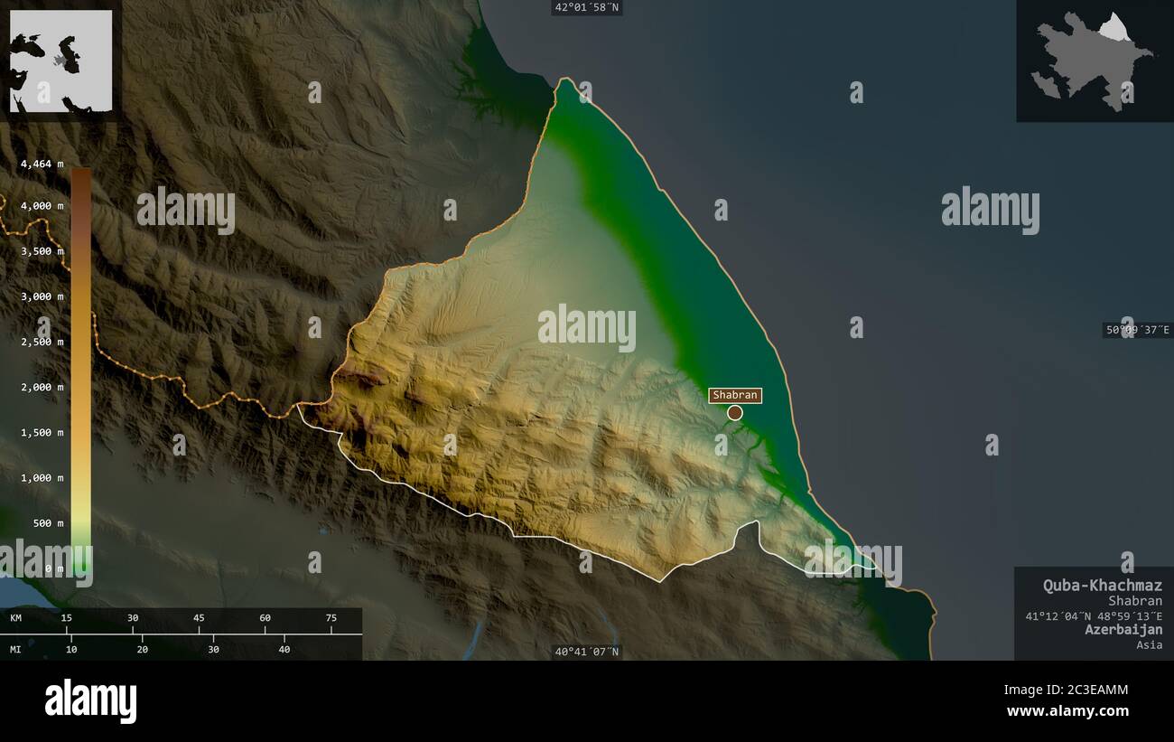 Quba-Khachmaz, region of Azerbaijan. Colored shader data with lakes and ...
