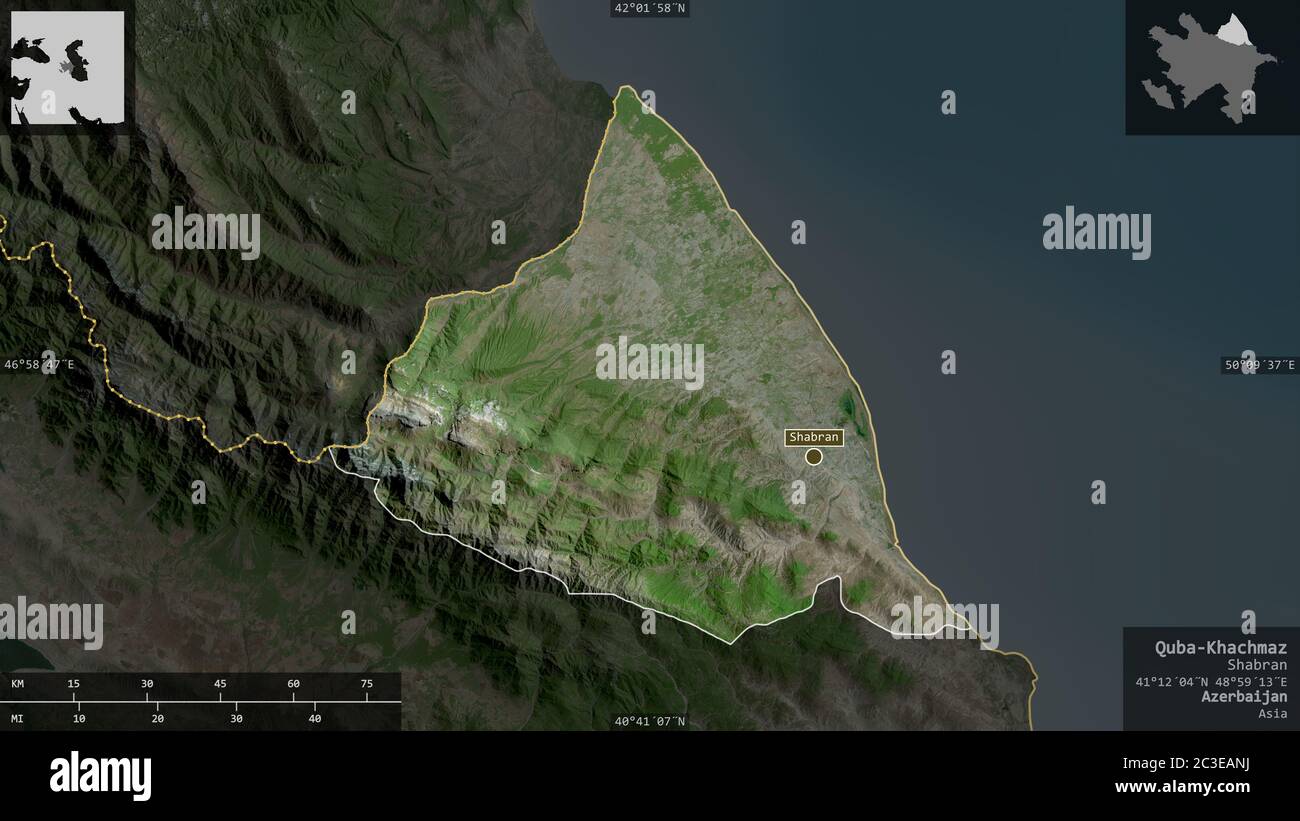 Quba-Khachmaz, region of Azerbaijan. Satellite imagery. Shape presented ...