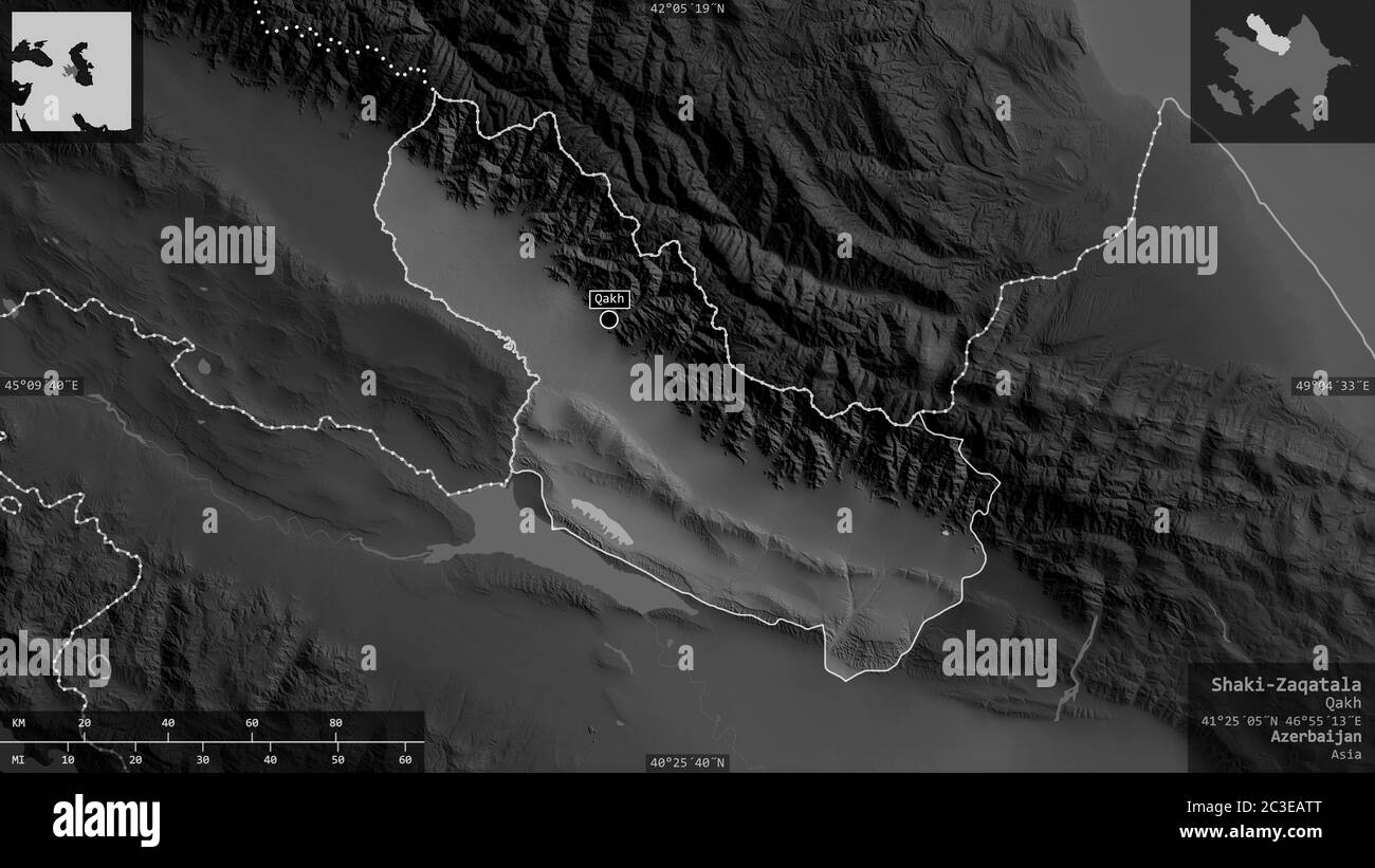 Shaki-Zaqatala, region of Azerbaijan. Grayscaled map with lakes and ...