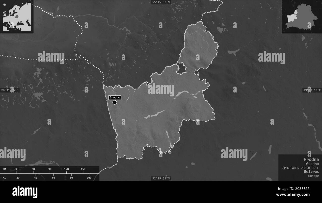 Hrodna, region of Belarus. Grayscaled map with lakes and rivers. Shape ...