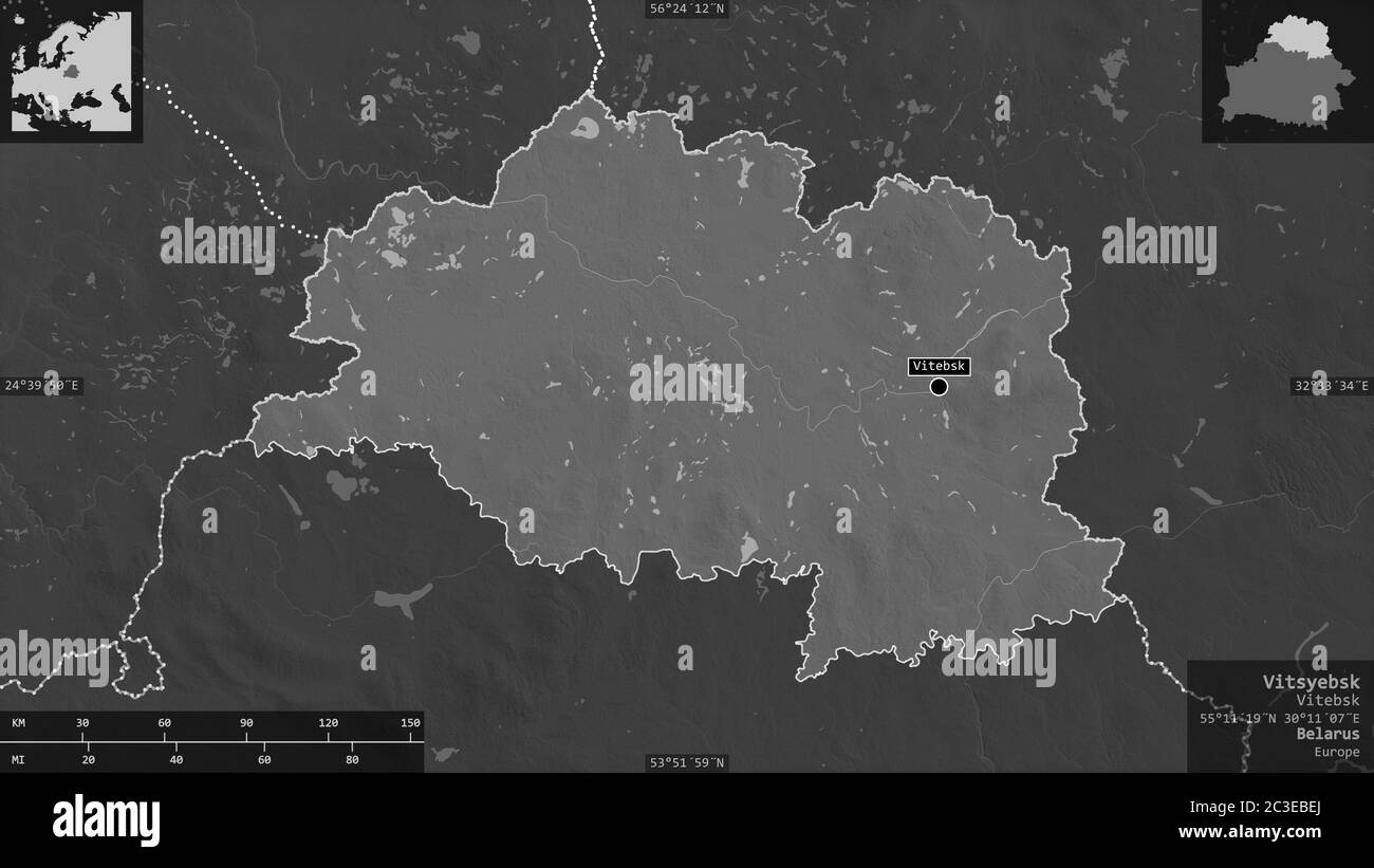 Vitsyebsk, region of Belarus. Grayscaled map with lakes and rivers ...