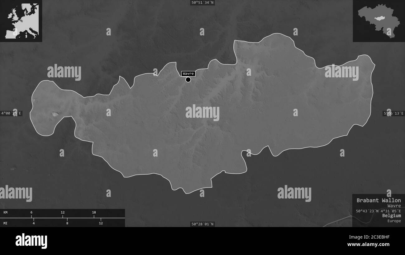 Brabant Wallon, province of Belgium. Grayscaled map with lakes and ...