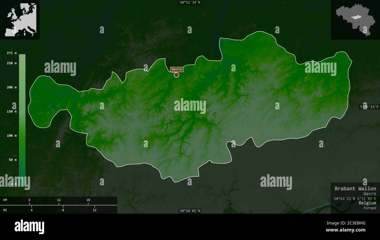 Brabant Wallon, province of Belgium. Colored shader data with lakes and ...