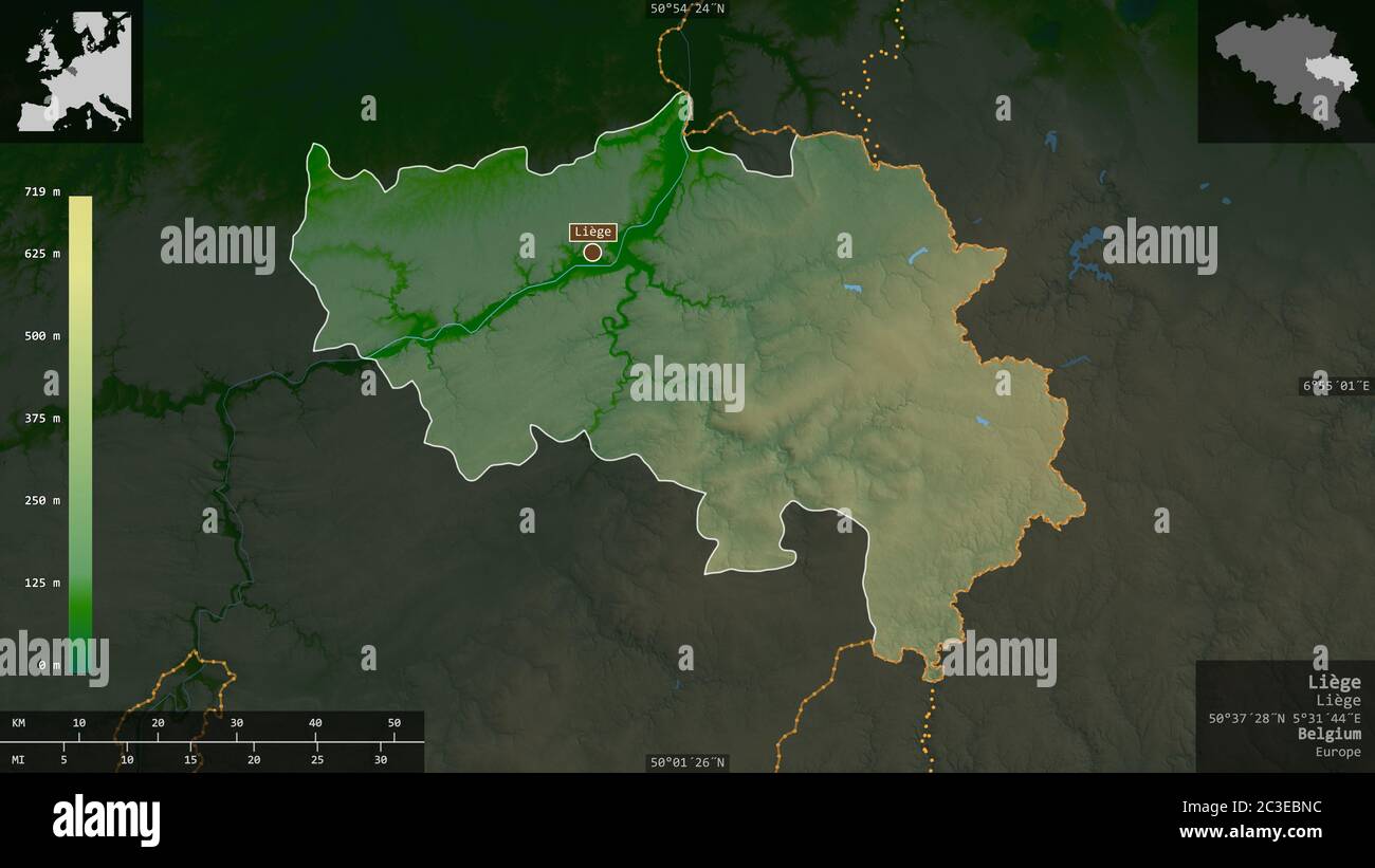 Liège, province of Belgium. Colored shader data with lakes and rivers ...