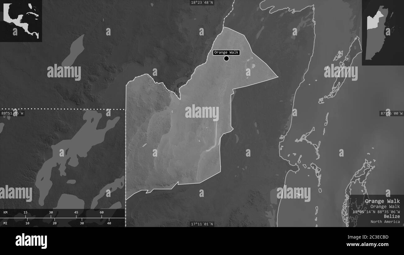 Orange Walk, district of Belize. Grayscaled map with lakes and rivers ...