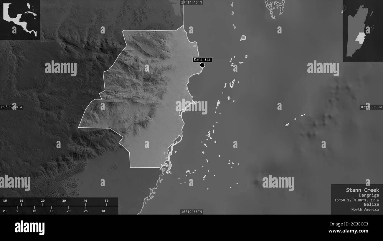 Stann Creek, district of Belize. Grayscaled map with lakes and rivers ...