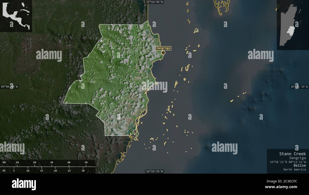 Stann Creek, district of Belize. Satellite imagery. Shape presented ...
