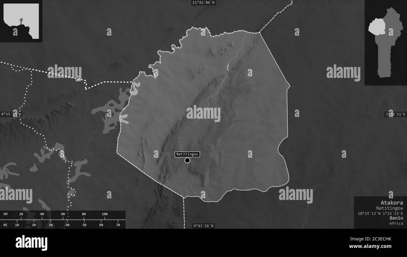Atakora, department of Benin. Grayscaled map with lakes and rivers ...