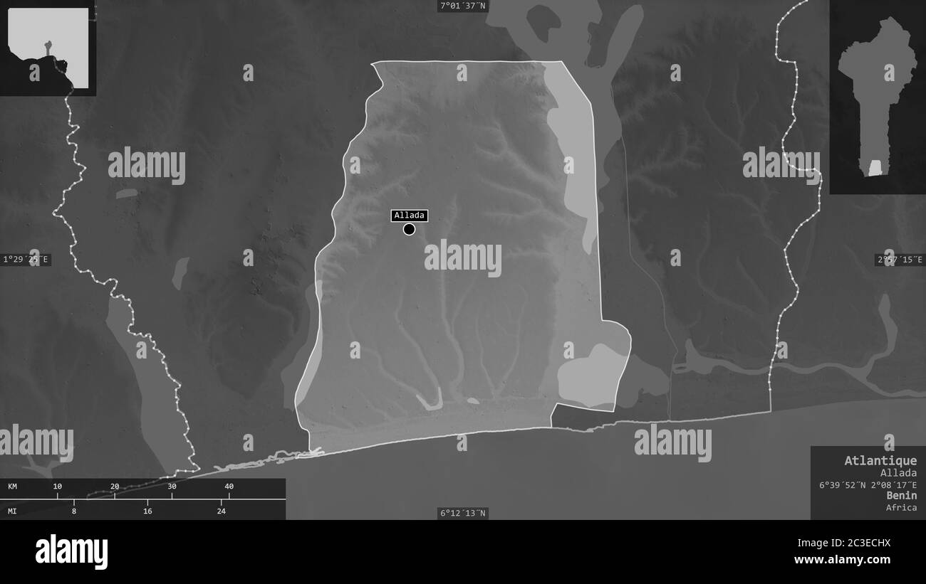 Atlantique, department of Benin. Grayscaled map with lakes and rivers ...