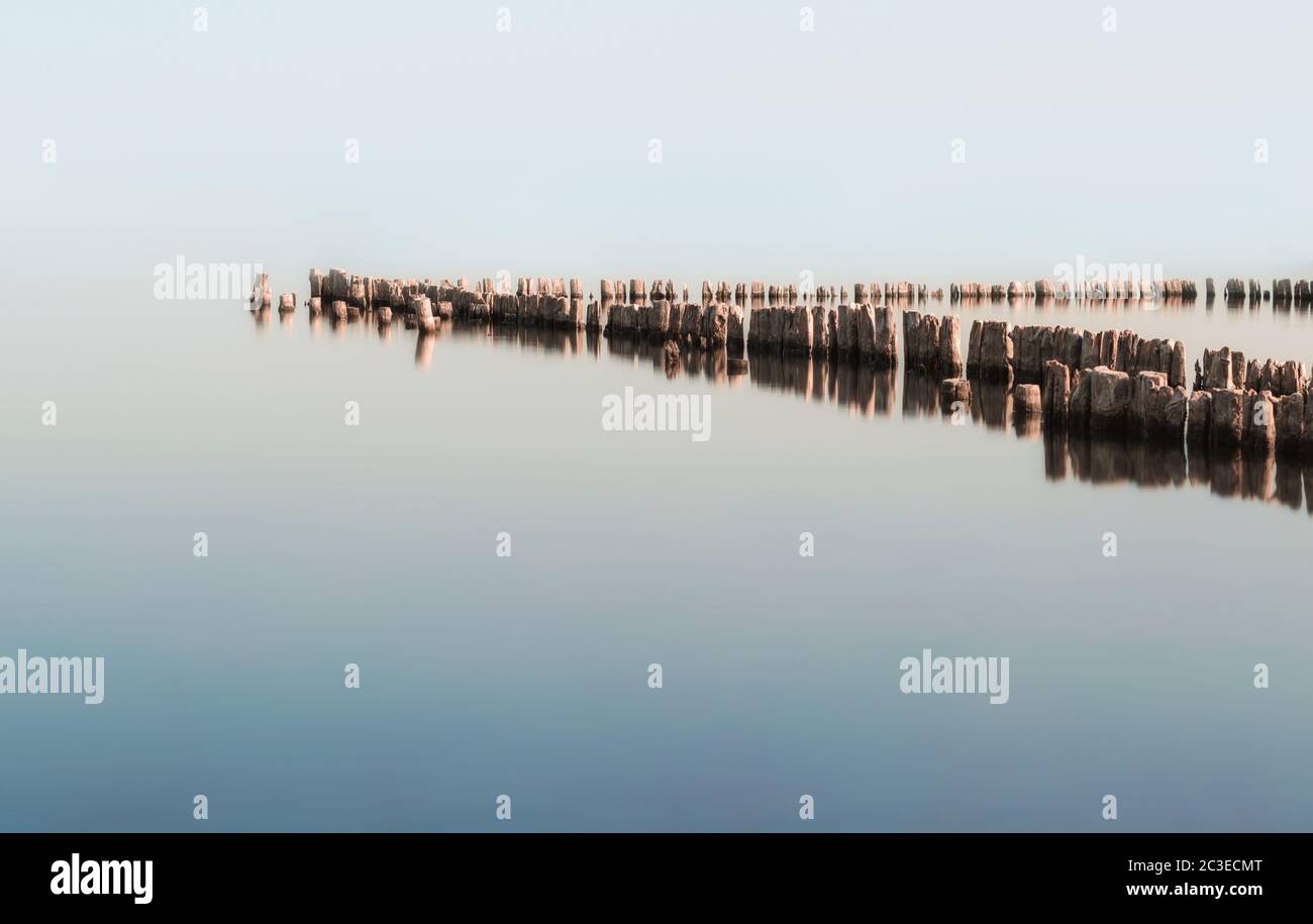wooden columns in a calm surface of the water Stock Photo - Alamy