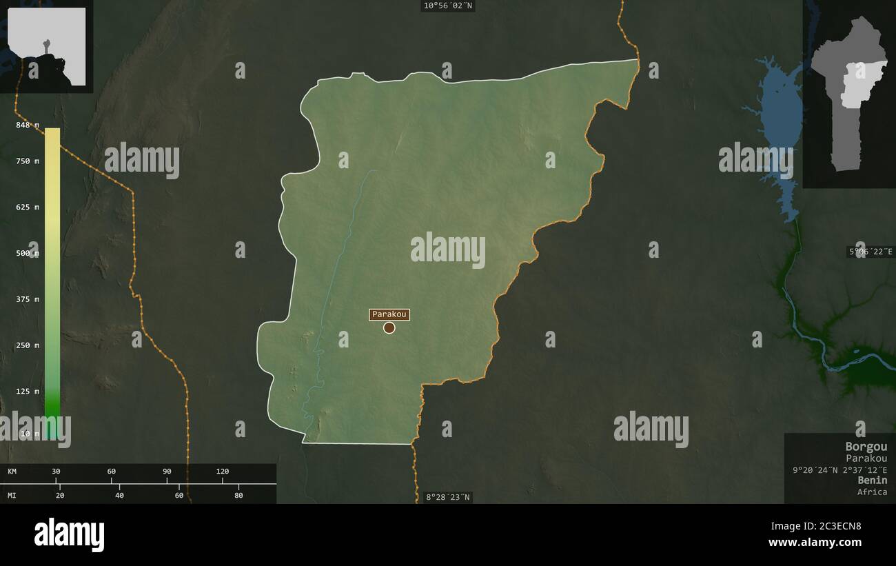 Borgou, department of Benin. Colored shader data with lakes and rivers ...