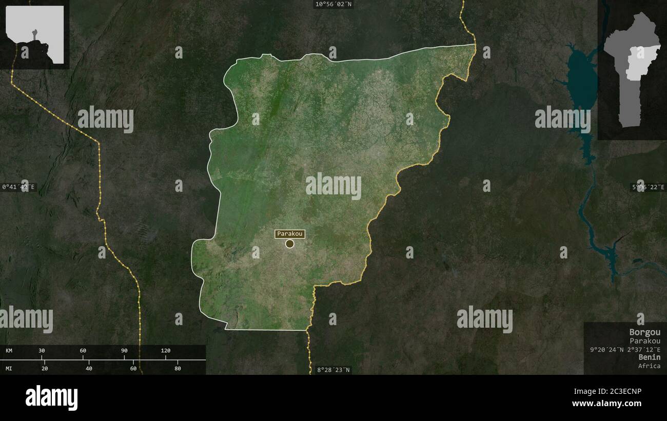 Borgou, department of Benin. Satellite imagery. Shape presented against ...