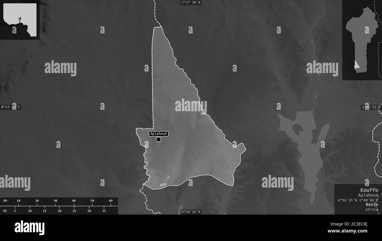 Kouffo, department of Benin. Grayscaled map with lakes and rivers. Shape presented against its ...