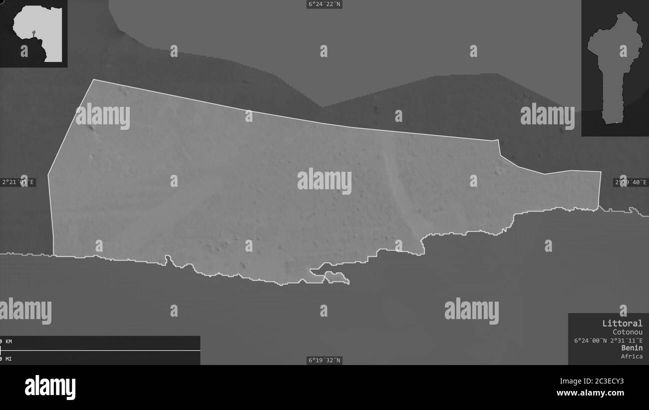 Littoral, department of Benin. Grayscaled map with lakes and rivers ...