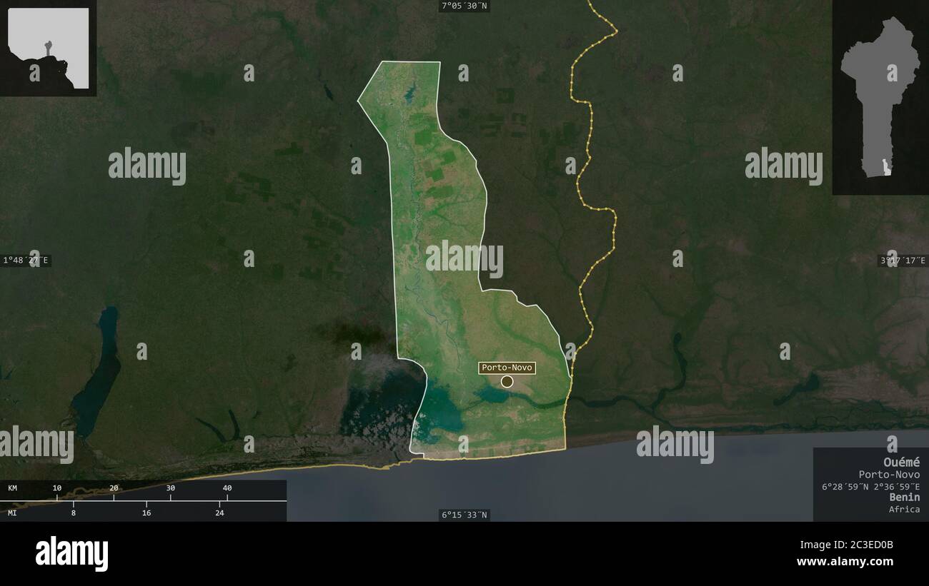 Ouémé, department of Benin. Satellite imagery. Shape presented against ...