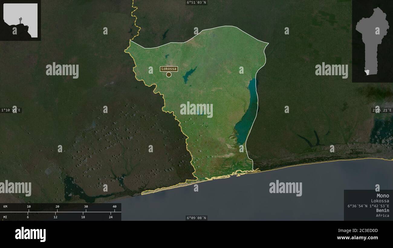 Mono, department of Benin. Satellite imagery. Shape presented against ...