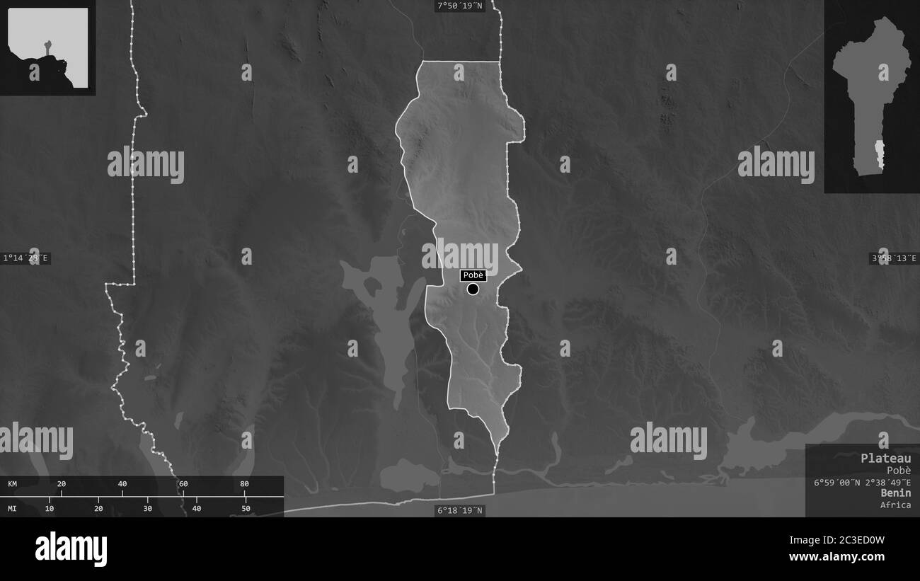 Plateau, department of Benin. Grayscaled map with lakes and rivers ...