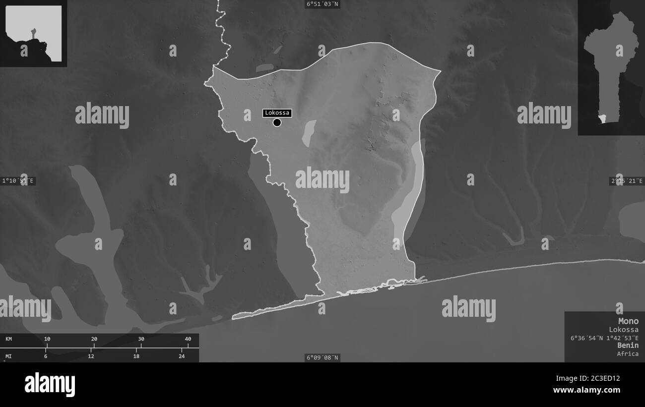 Mono, department of Benin. Grayscaled map with lakes and rivers. Shape ...