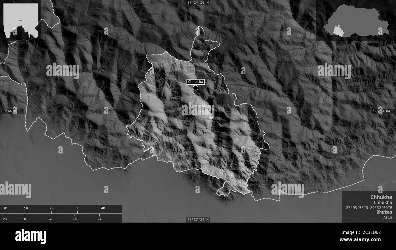 Chhukha, district of Bhutan. Grayscaled map with lakes and rivers ...