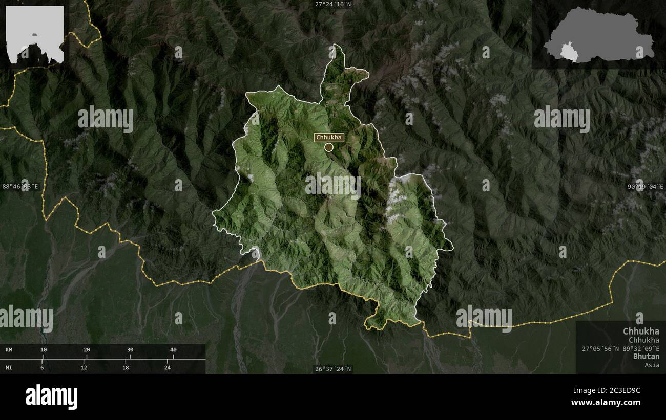 Chhukha, district of Bhutan. Satellite imagery. Shape presented against ...
