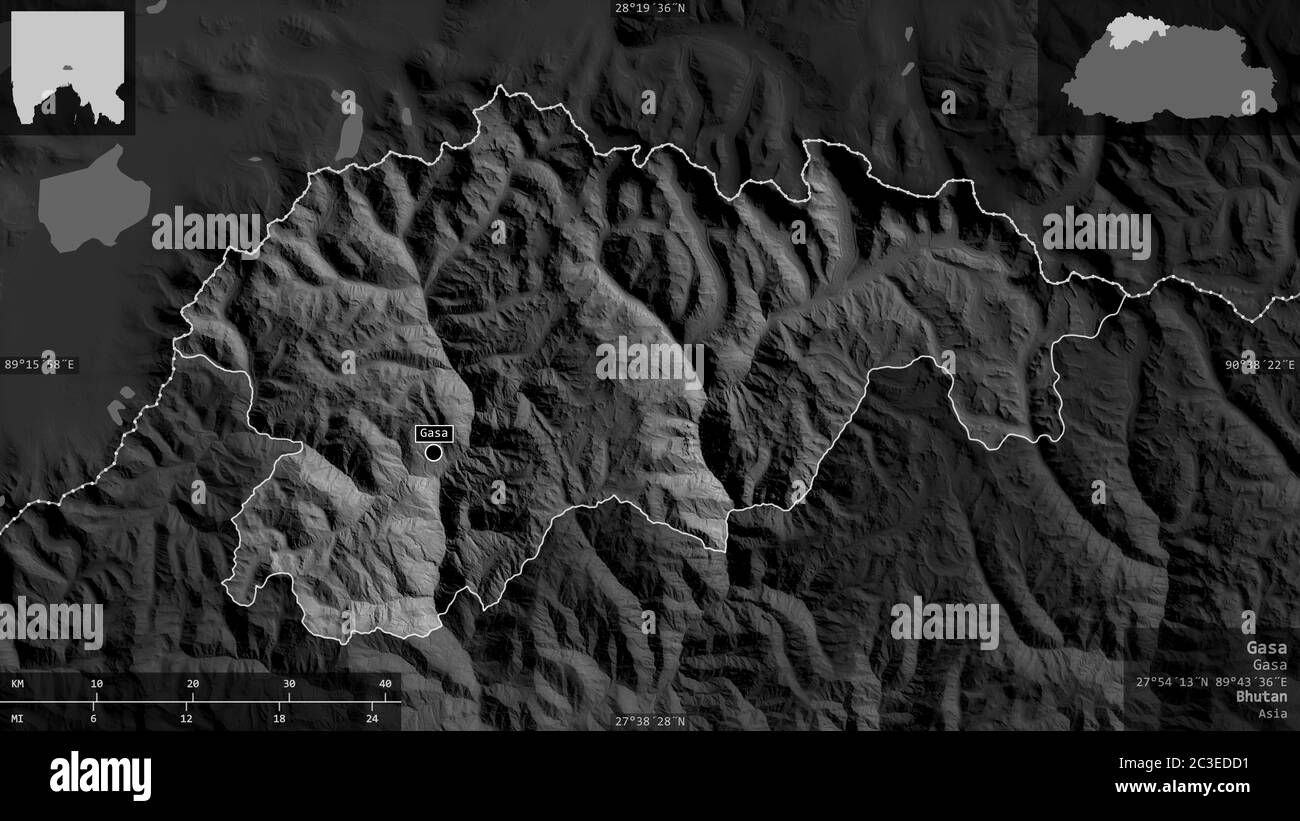 Gasa, district of Bhutan. Grayscaled map with lakes and rivers. Shape ...