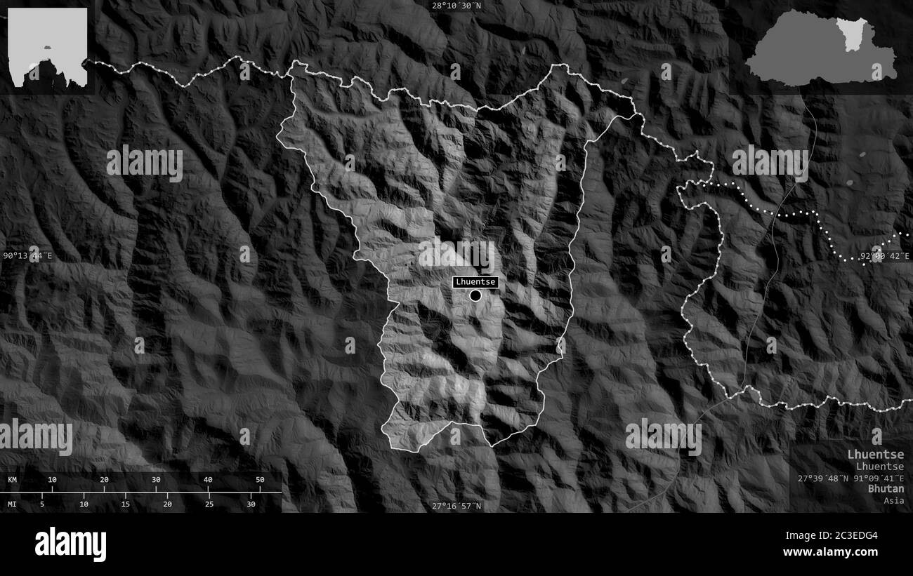 Lhuentse, district of Bhutan. Grayscaled map with lakes and rivers ...