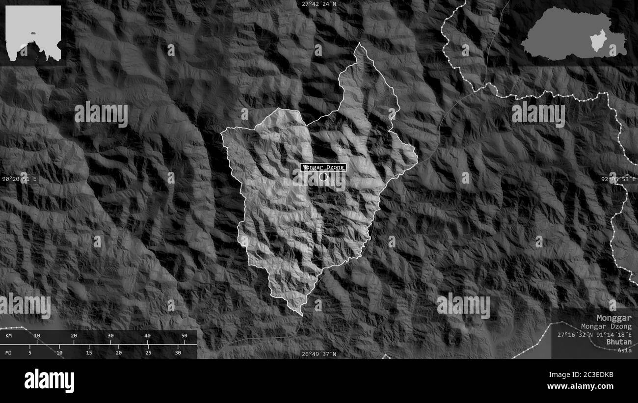 Monggar, district of Bhutan. Grayscaled map with lakes and rivers ...