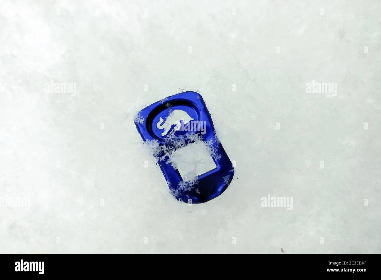Moscow. February 2019. Blue Red Bull can pull tabs in snow Stock Photo ...