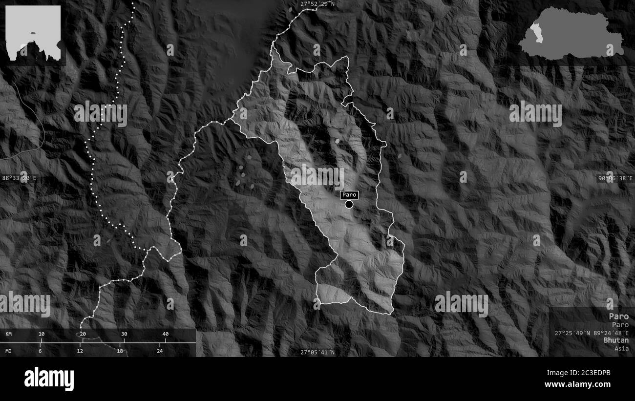 Paro, district of Bhutan. Grayscaled map with lakes and rivers. Shape ...