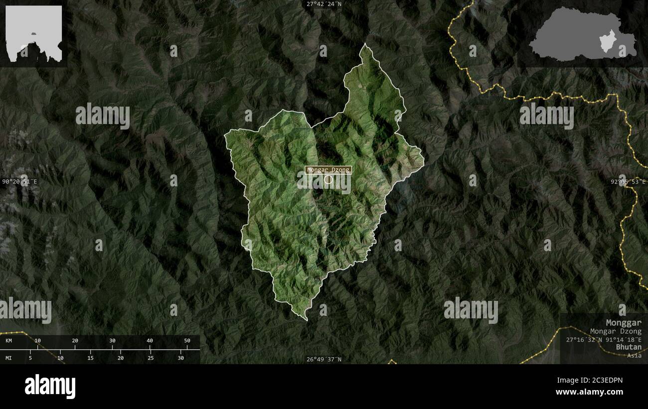 Monggar, district of Bhutan. Satellite imagery. Shape presented against ...