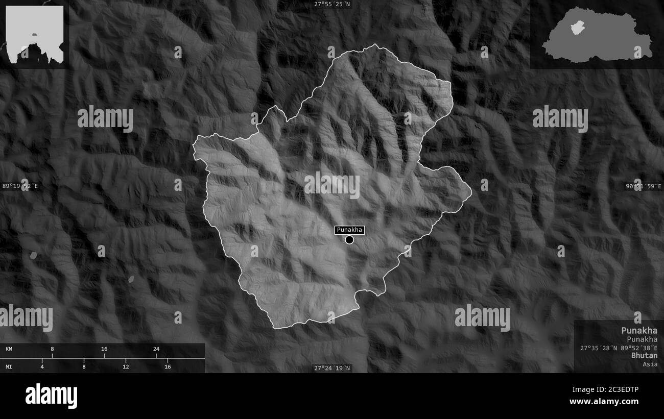 Punakha, district of Bhutan. Grayscaled map with lakes and rivers ...