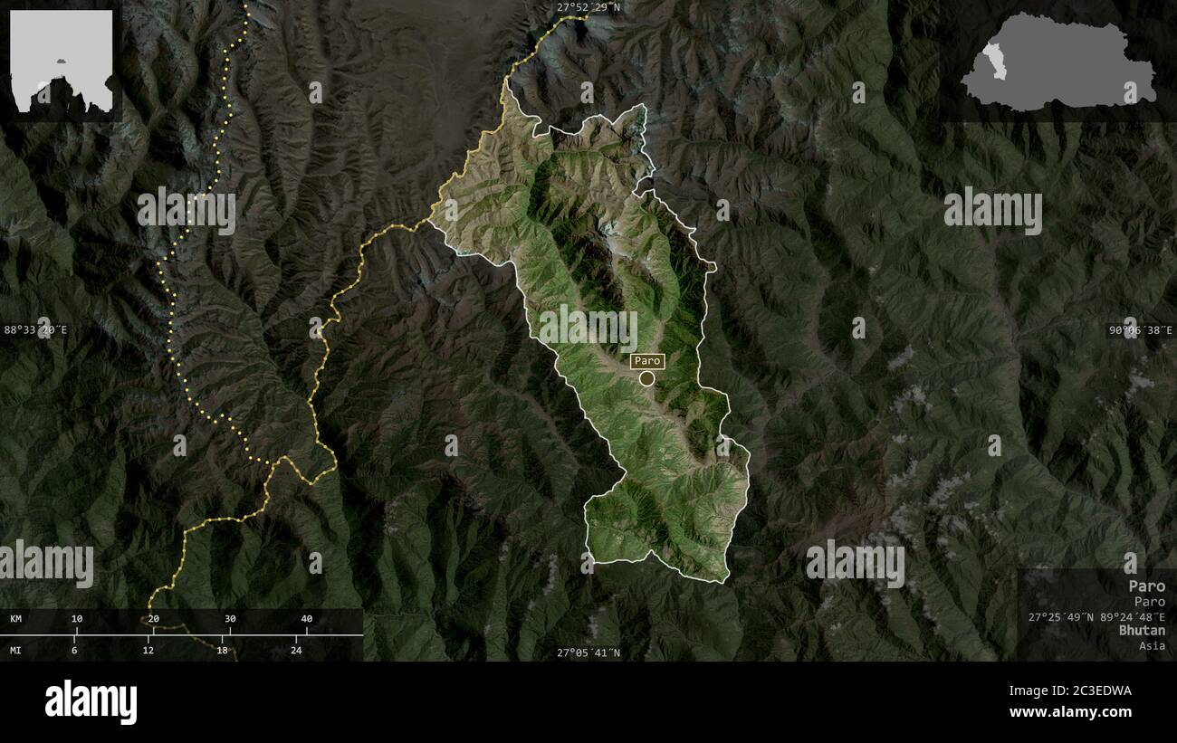 Paro, district of Bhutan. Satellite imagery. Shape presented against ...