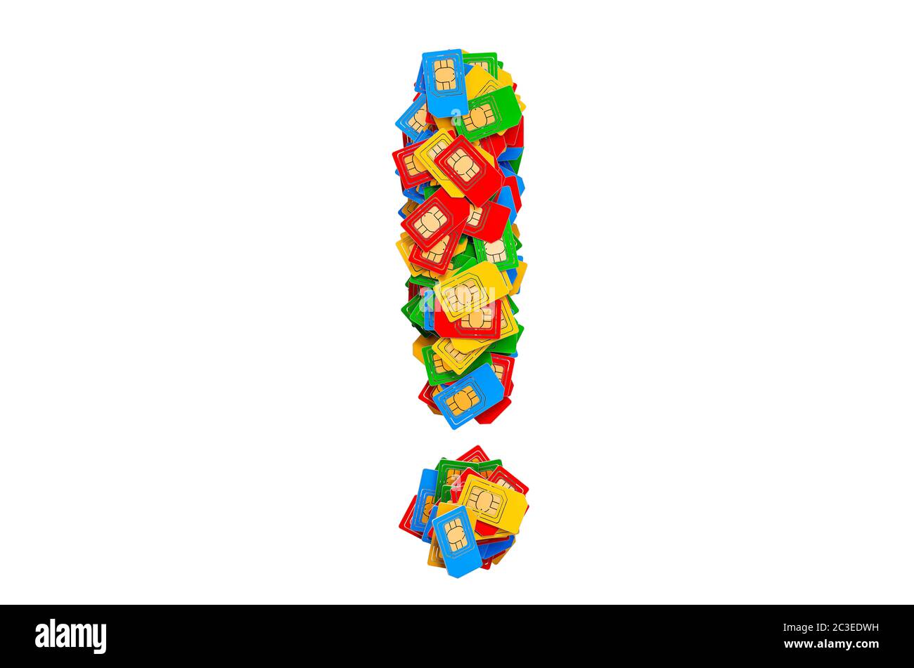 Exclamation mark from colored SIM cards, 3D rendering isolated on white ...