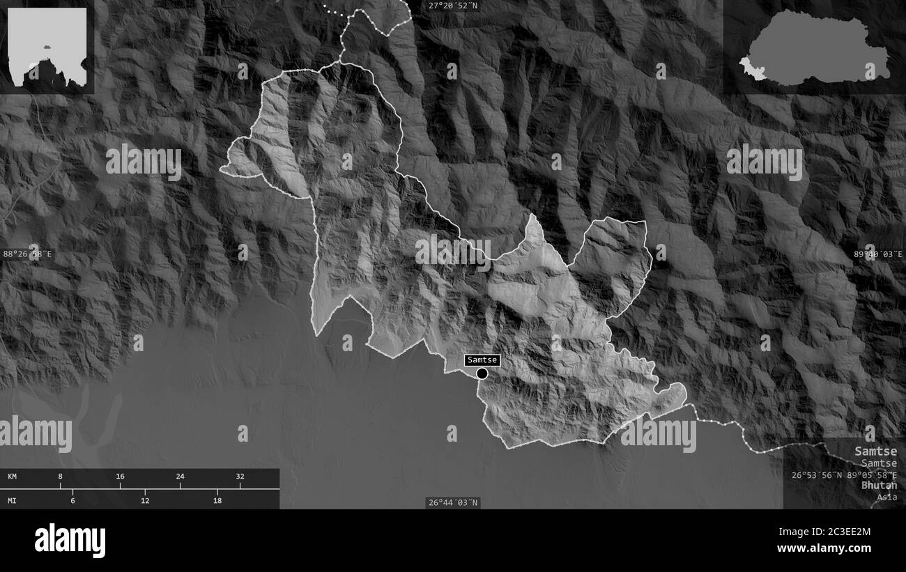 Samtse, district of Bhutan. Grayscaled map with lakes and rivers. Shape ...