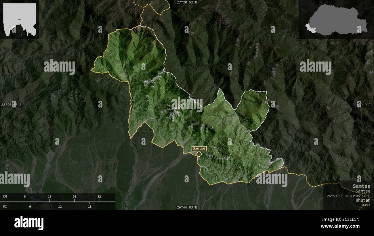 Samtse, district of Bhutan. Satellite imagery. Shape presented against ...