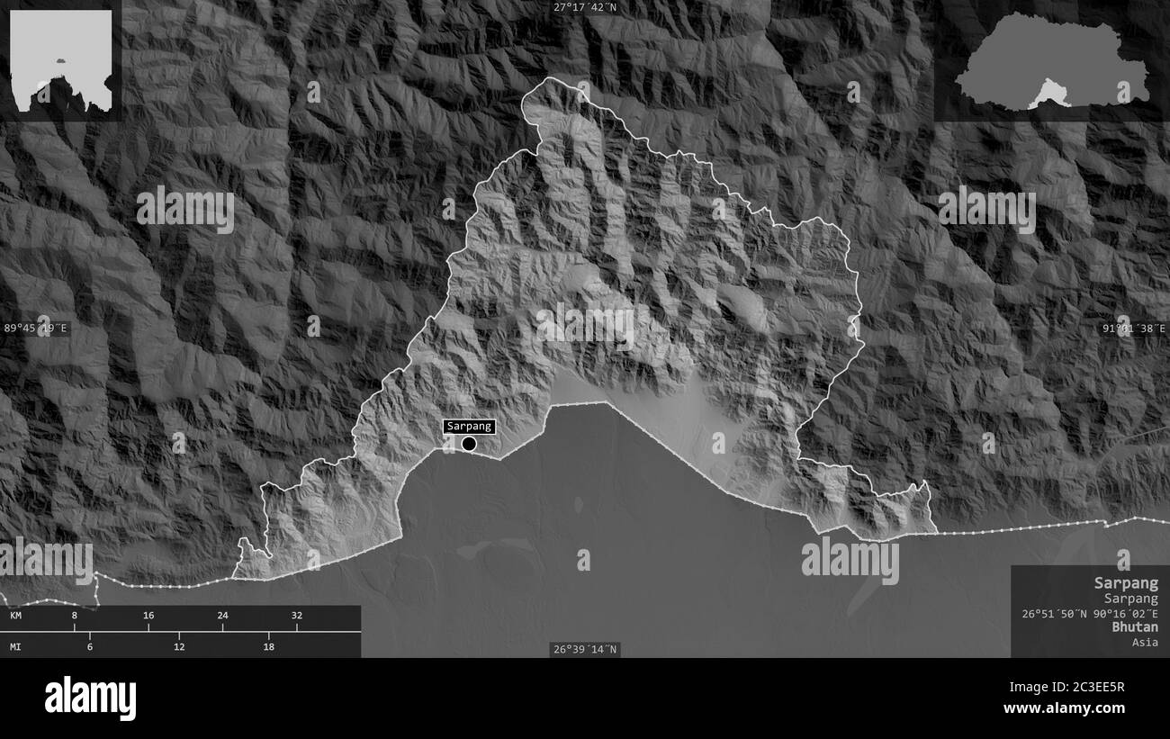 Sarpang, district of Bhutan. Grayscaled map with lakes and rivers ...