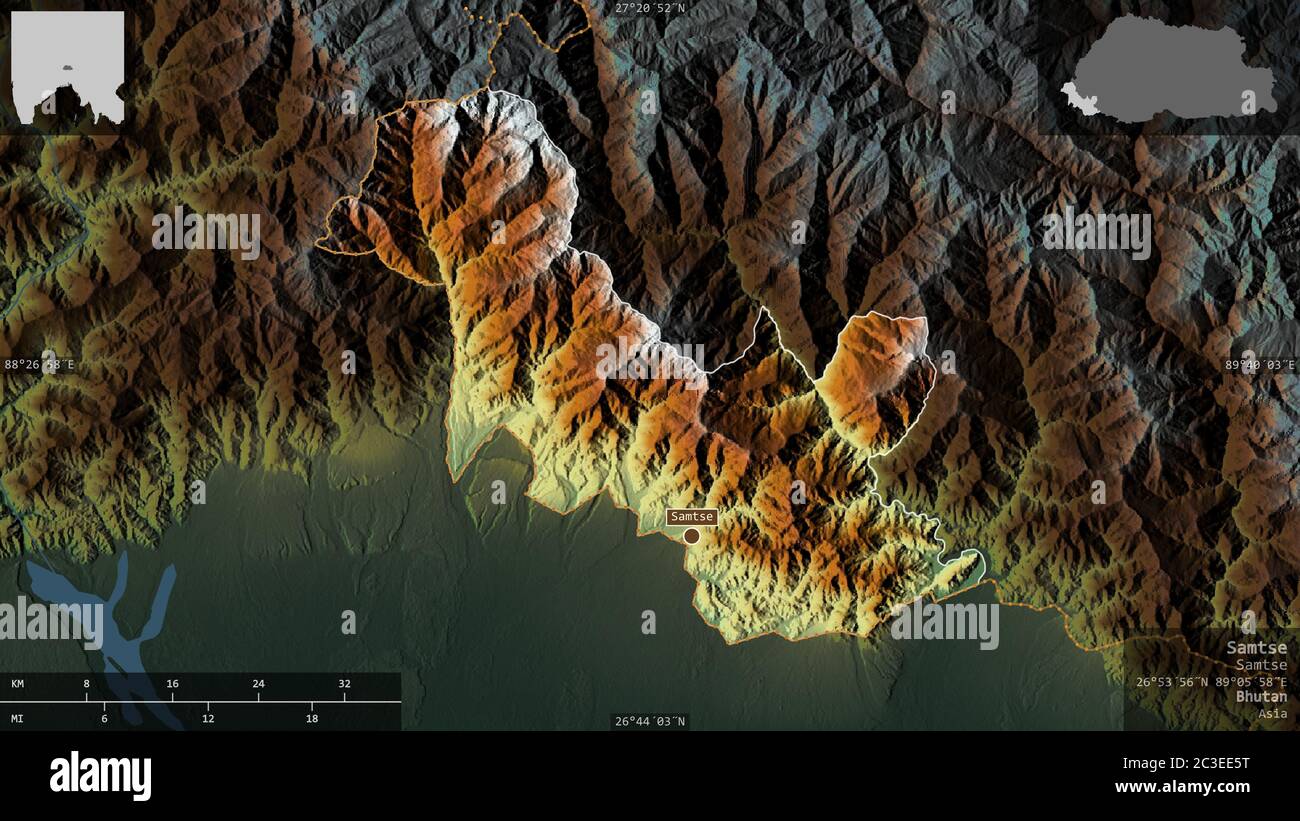 Samtse, district of Bhutan. Colored relief with lakes and rivers. Shape ...