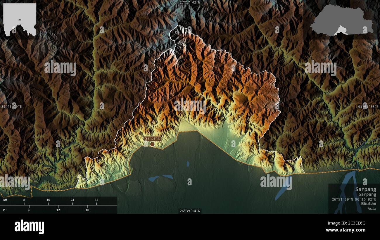 Sarpang, district of Bhutan. Colored relief with lakes and rivers ...