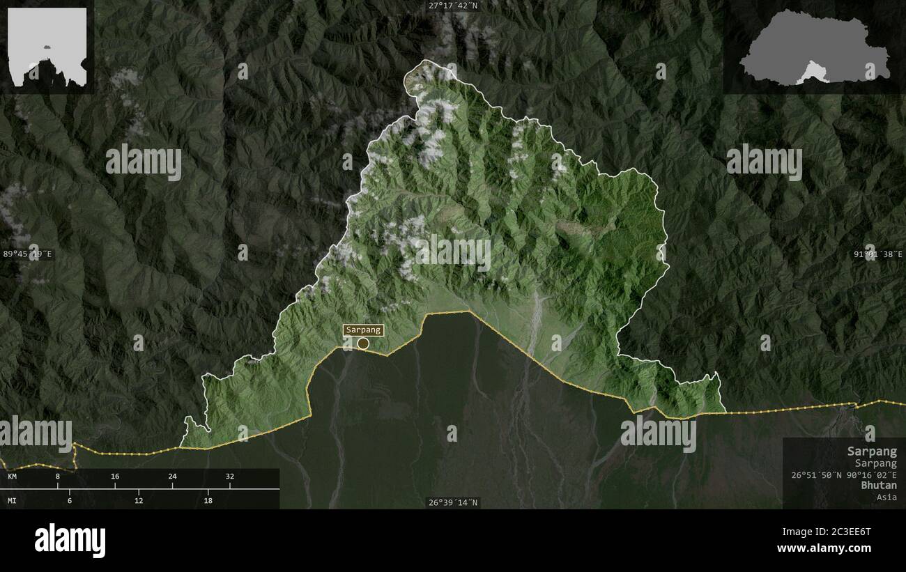 Sarpang, district of Bhutan. Satellite imagery. Shape presented against ...