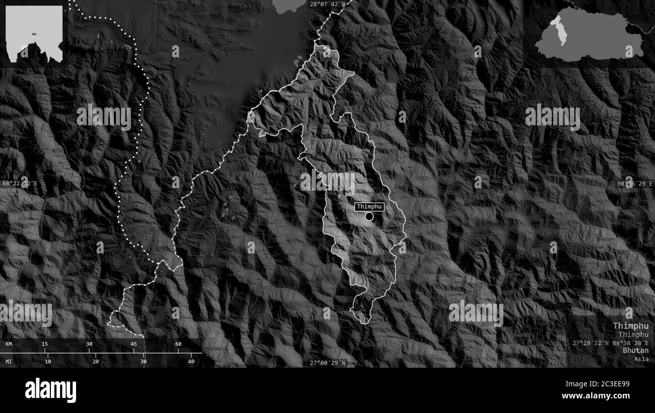 Thimphu, district of Bhutan. Grayscaled map with lakes and rivers ...