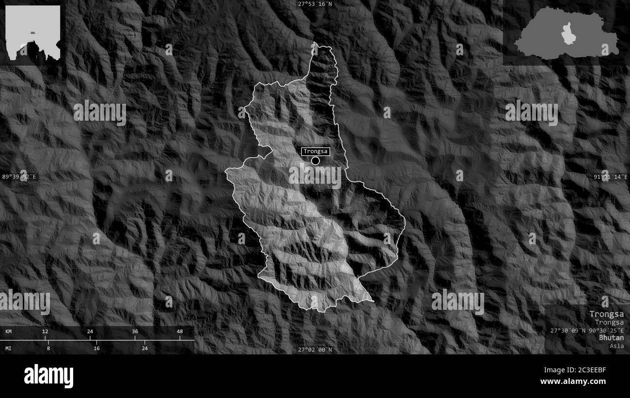 Trongsa, district of Bhutan. Grayscaled map with lakes and rivers ...