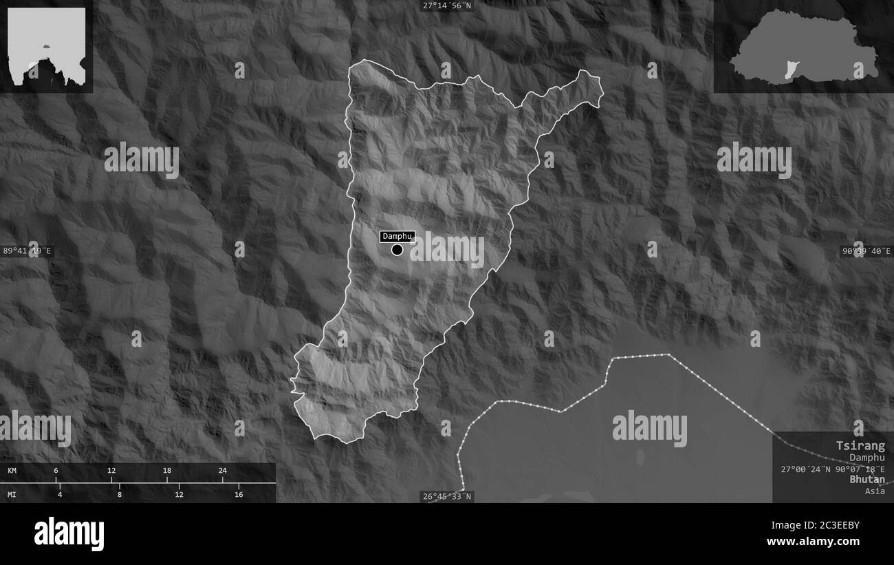 Tsirang, district of Bhutan. Grayscaled map with lakes and rivers ...