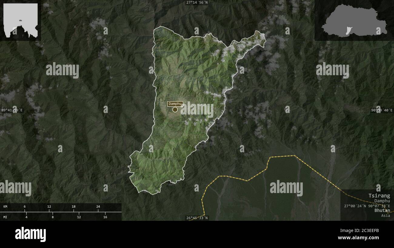 Tsirang, district of Bhutan. Satellite imagery. Shape presented against ...
