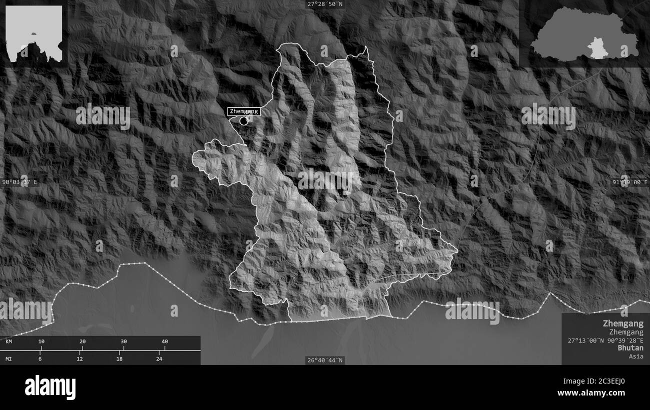 Zhemgang, district of Bhutan. Grayscaled map with lakes and rivers ...