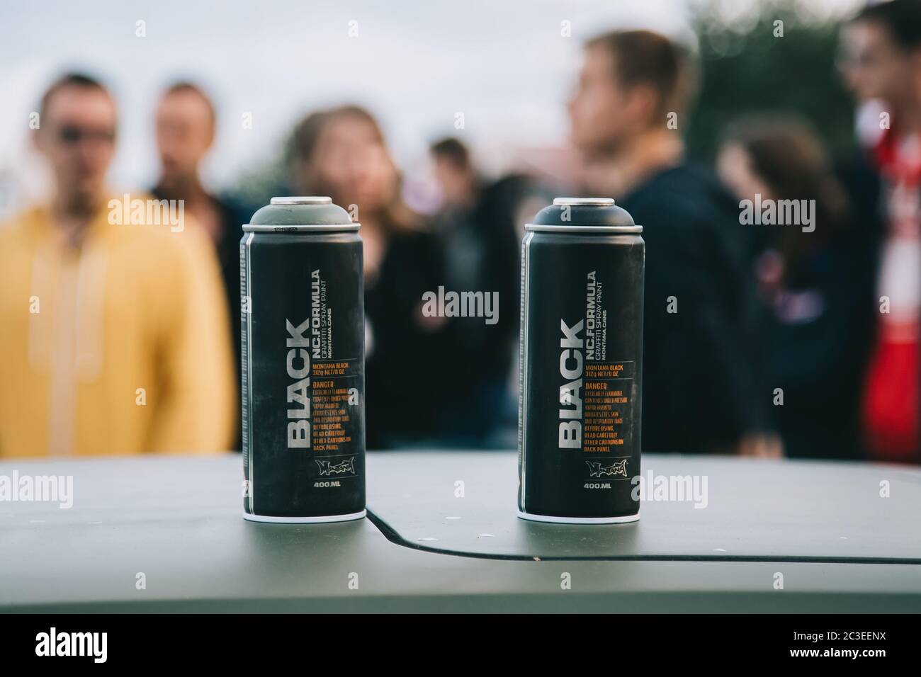 Moscow, Russia - July 06, 2019: Two black bottles with Montana paint ...