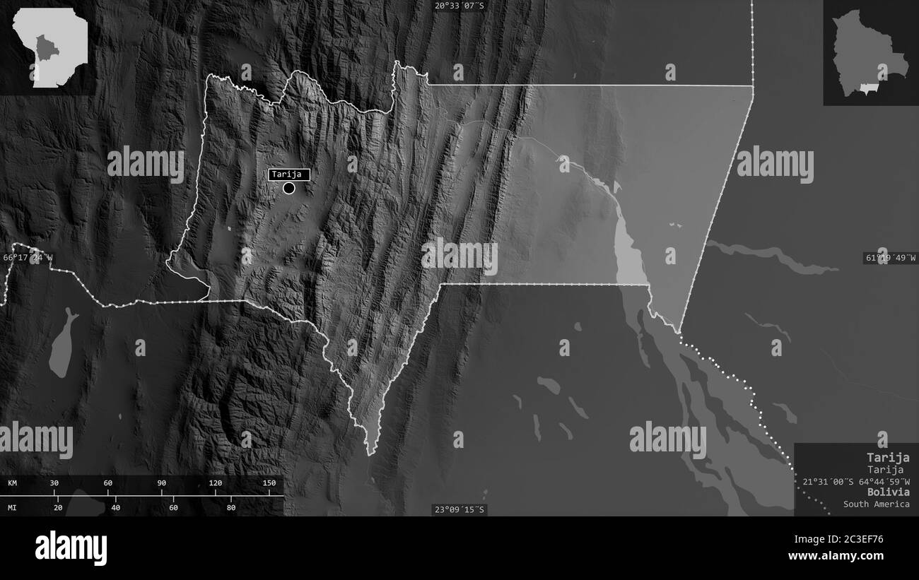 Tarija, department of Bolivia. Grayscaled map with lakes and rivers ...